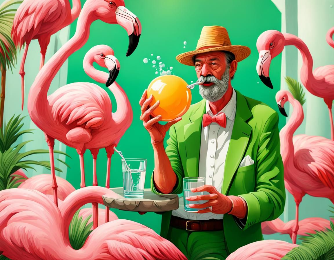 the flamingo man has a glass of water in his hand, in the style of ...