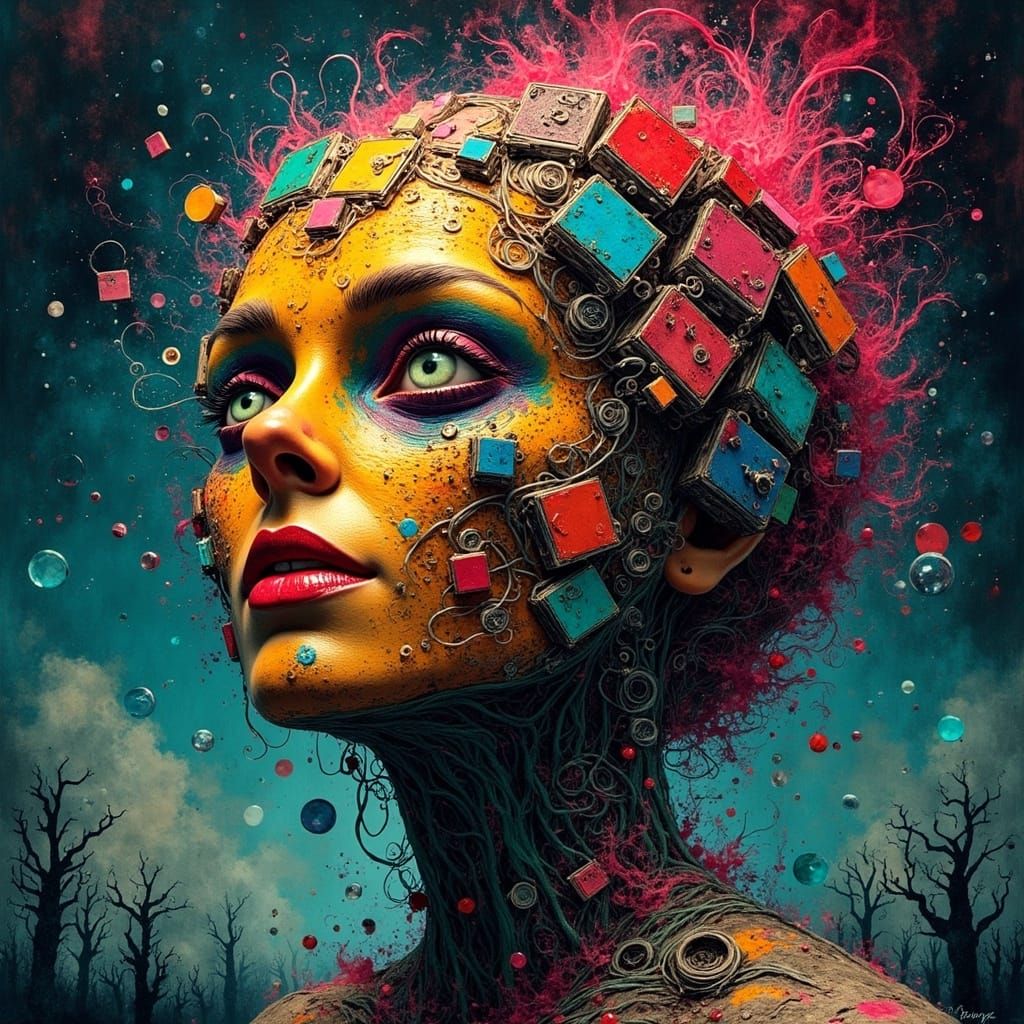 Rubik's Cube head. surrealism analogous colors Tim Burton Dan Mumford ...