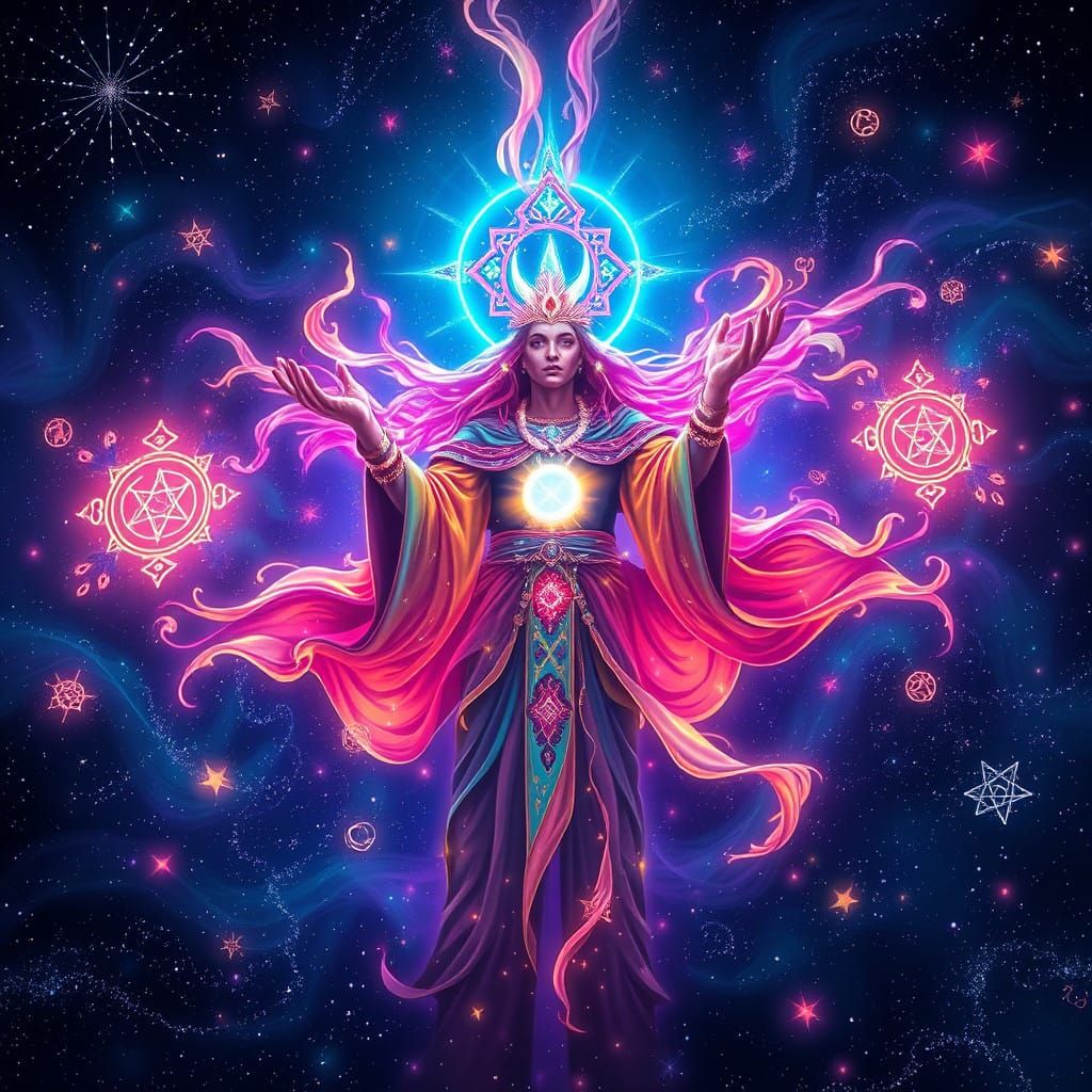 Shamanic Figure Conducts Celestial Ritual in Vibra... - AI Art