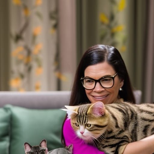 ugly betty, holding cat, many cats at her feet - AI Generated Artwork ...