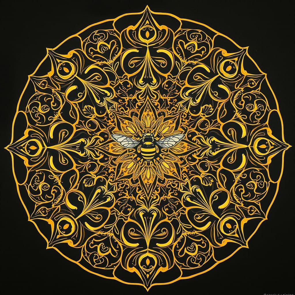Golden Honeycomb Zen Mandala with Bees - AI Art