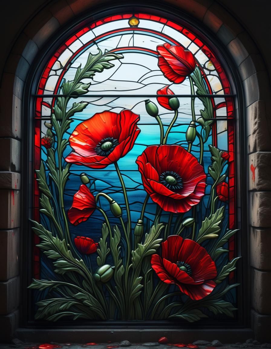 A large red poppy stained glass window - AI Generated Artwork ...