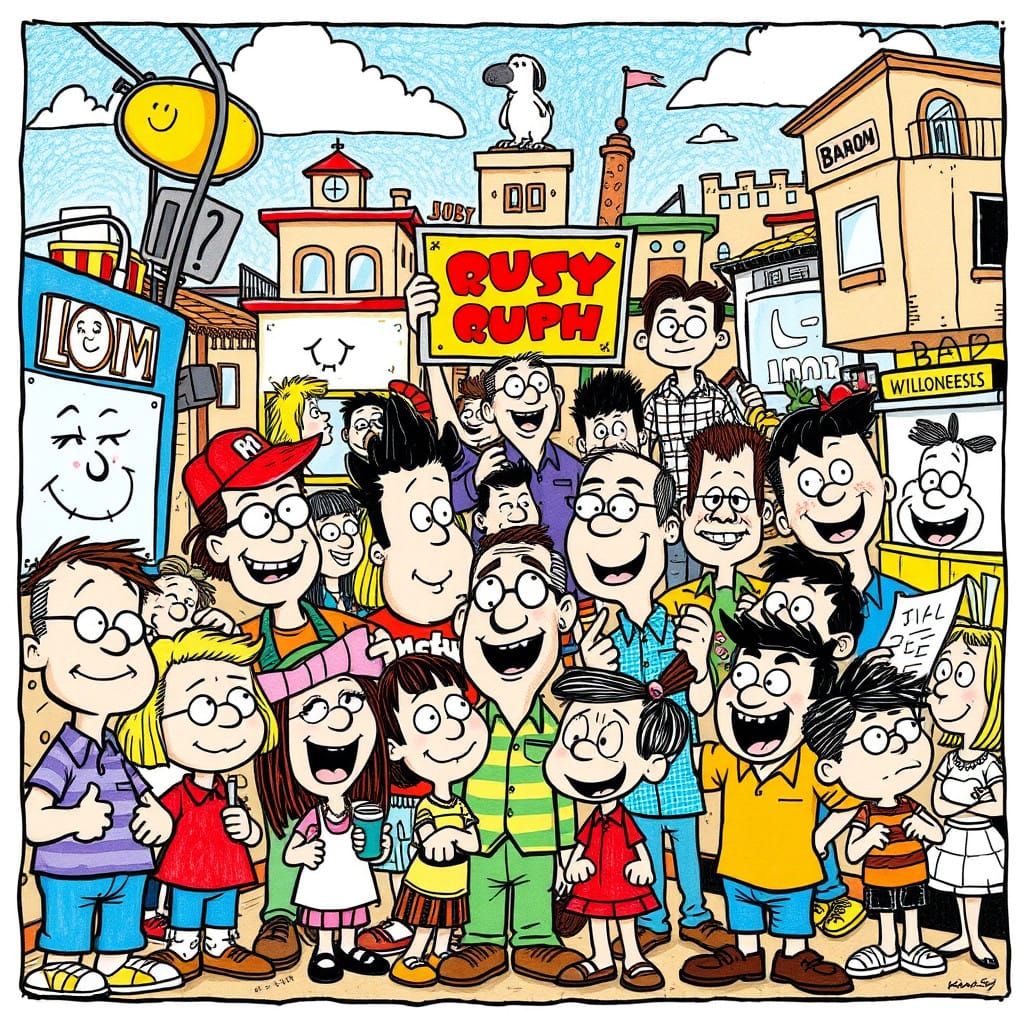 Colorful comic strip scene with endearing, exaggerated characters ...