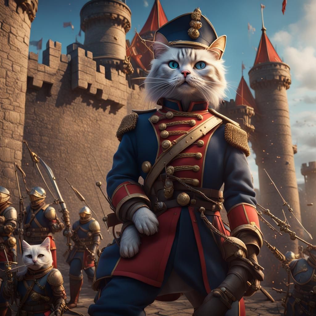 Marine cat generals storming a heavily fortified castle with trebuchets ...