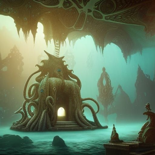 Underwater palace throne room, inhabited by humanoid sea creatures ...
