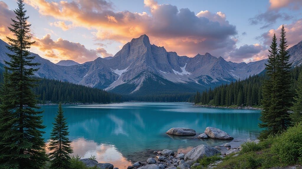 Mountain scene with lake - Mountain scene with lake