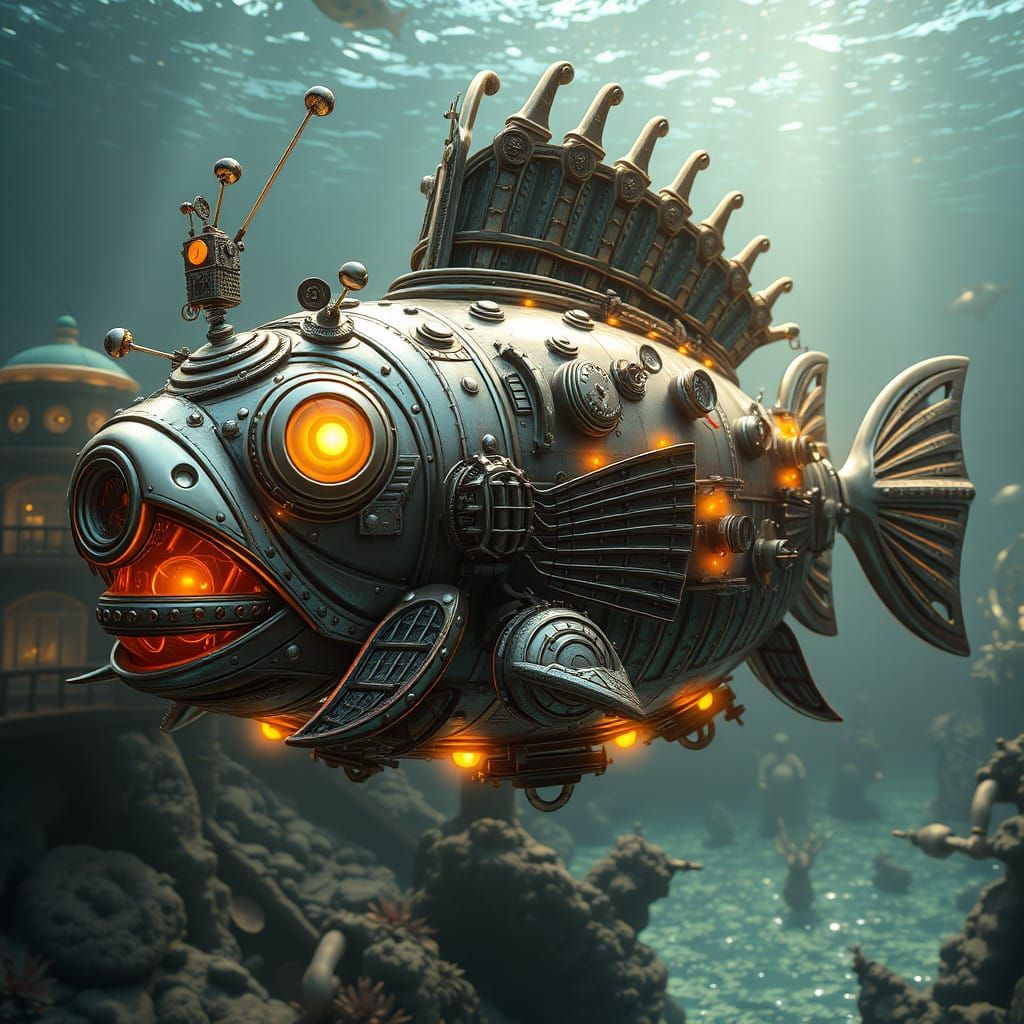 Majestic Steampunk Pufferfish Float in Underwater ... - AI Art