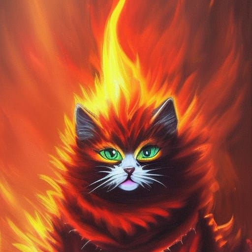 Fire Cat, cute cat between fire, oil painting style, cute evil cat ...