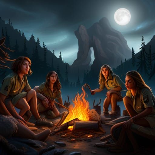 Troop of girl scouts and bigfoot around a campfire - AI Generated ...