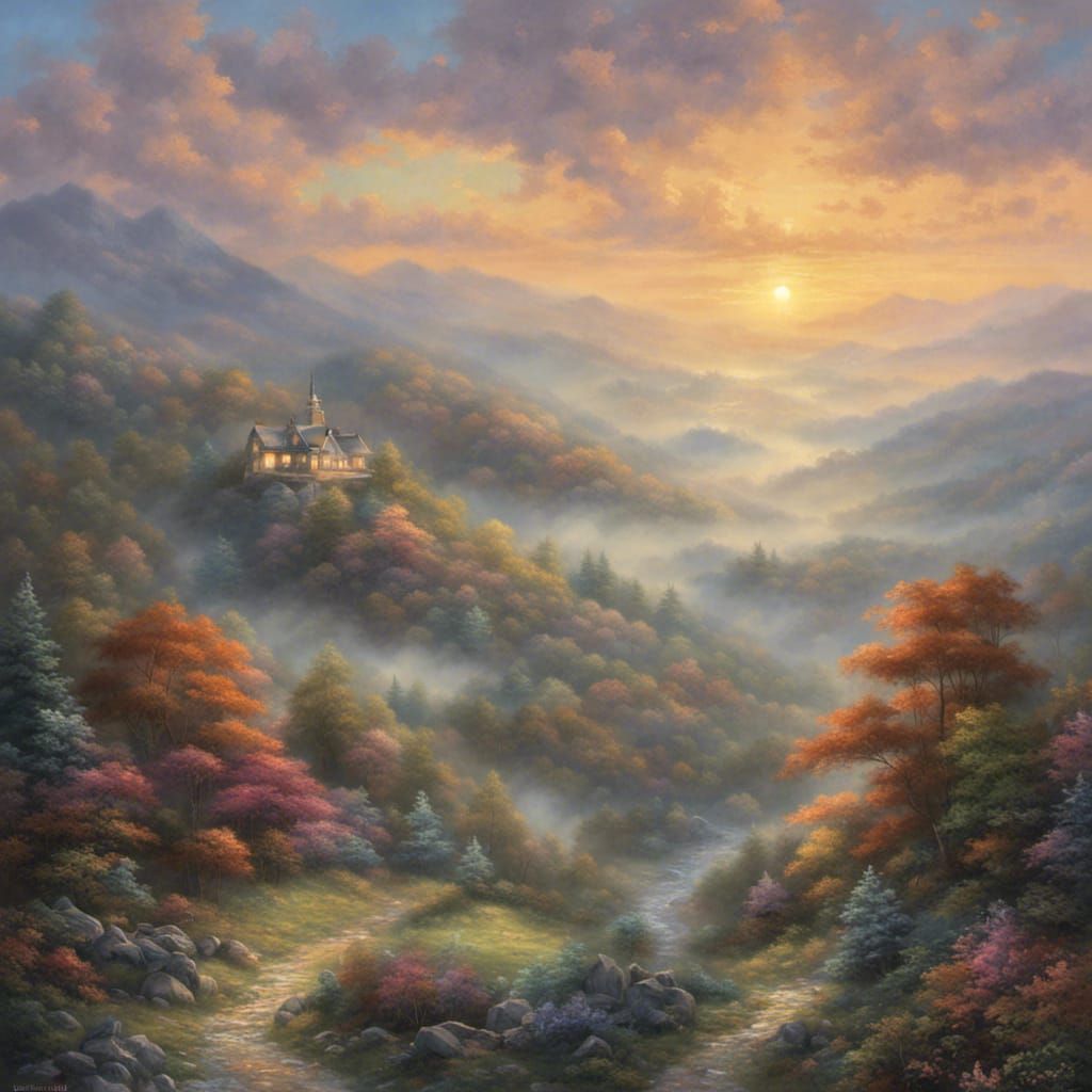 Sunset on blue ridge mountains ethereal fantasy hyperdetailed mist ...