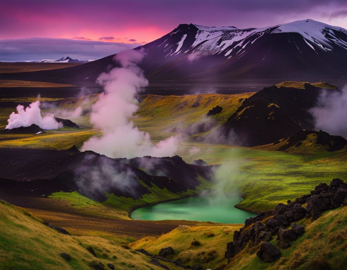 Icelandic green landscape featuring steaming vulcanos - AI Generated ...