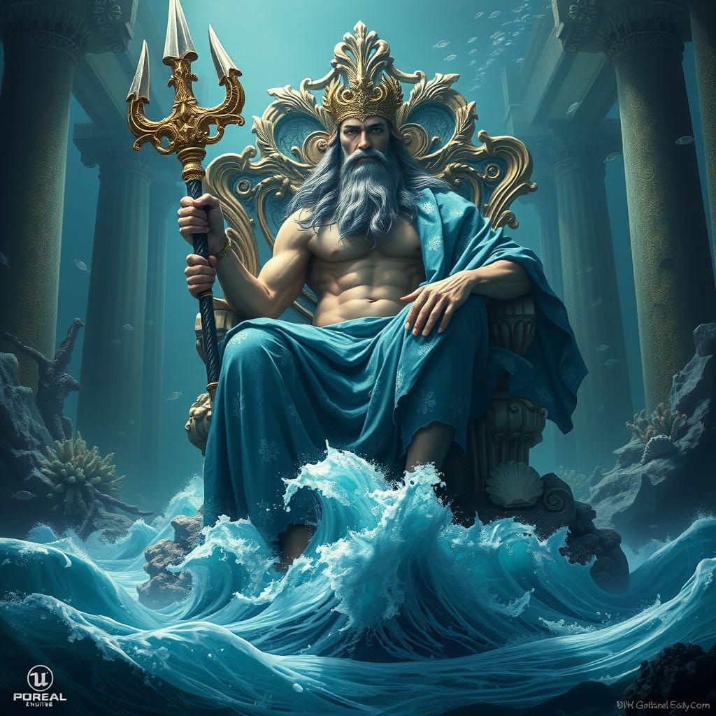 Majestic Poseidon Throned on Coral Throne, Master ... - AI Art