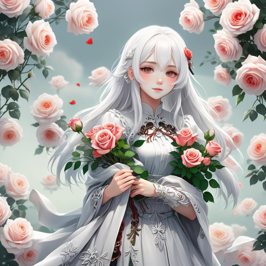 Ethereal Anime Goddess Holding Roses - AI Art