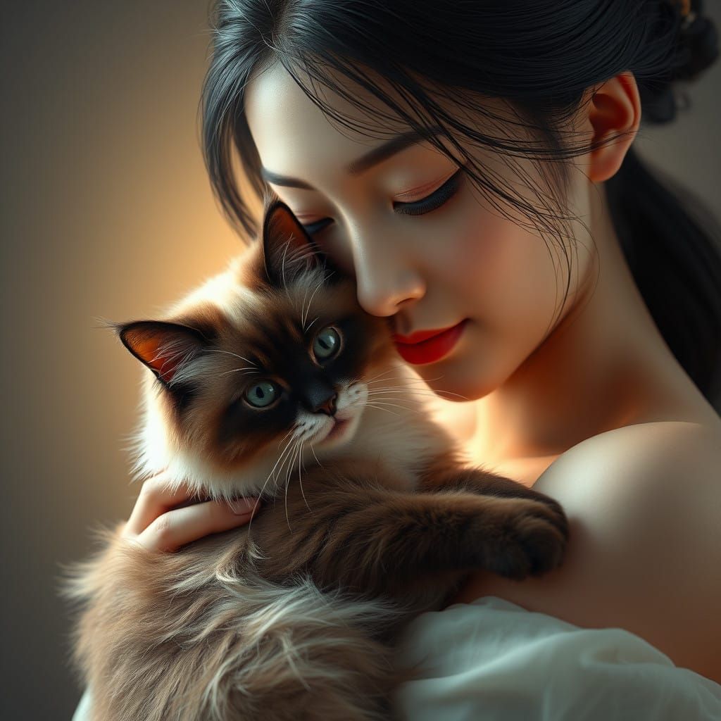 Ethereal Beauty: Chinese Woman and Her Feline Comp... - AI Art