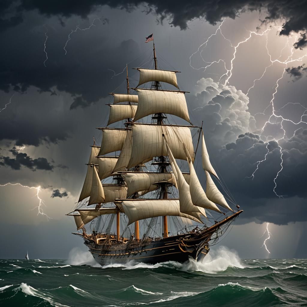 Three masted sailing ship at sea during a thunder storm - AI Generated ...