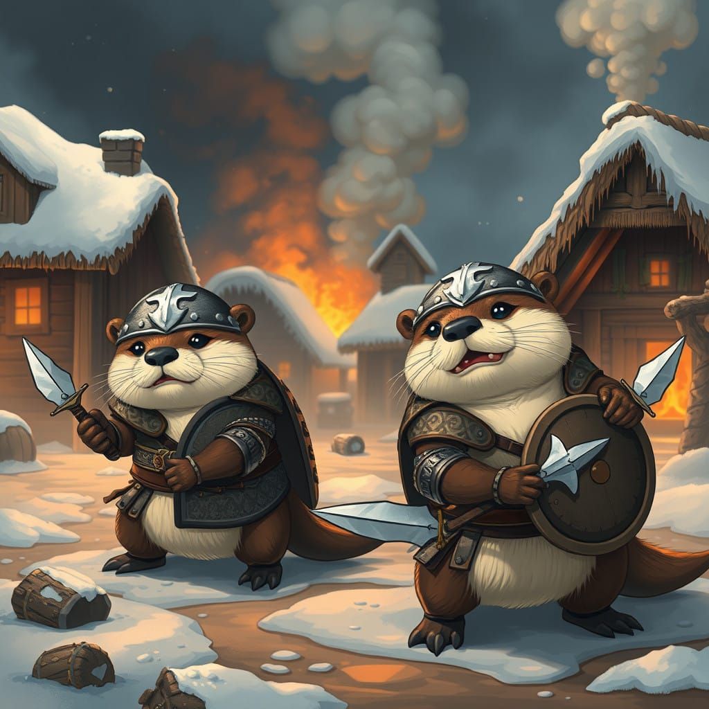 Adorable Otters Raid Village in Viking Gear - AI Art