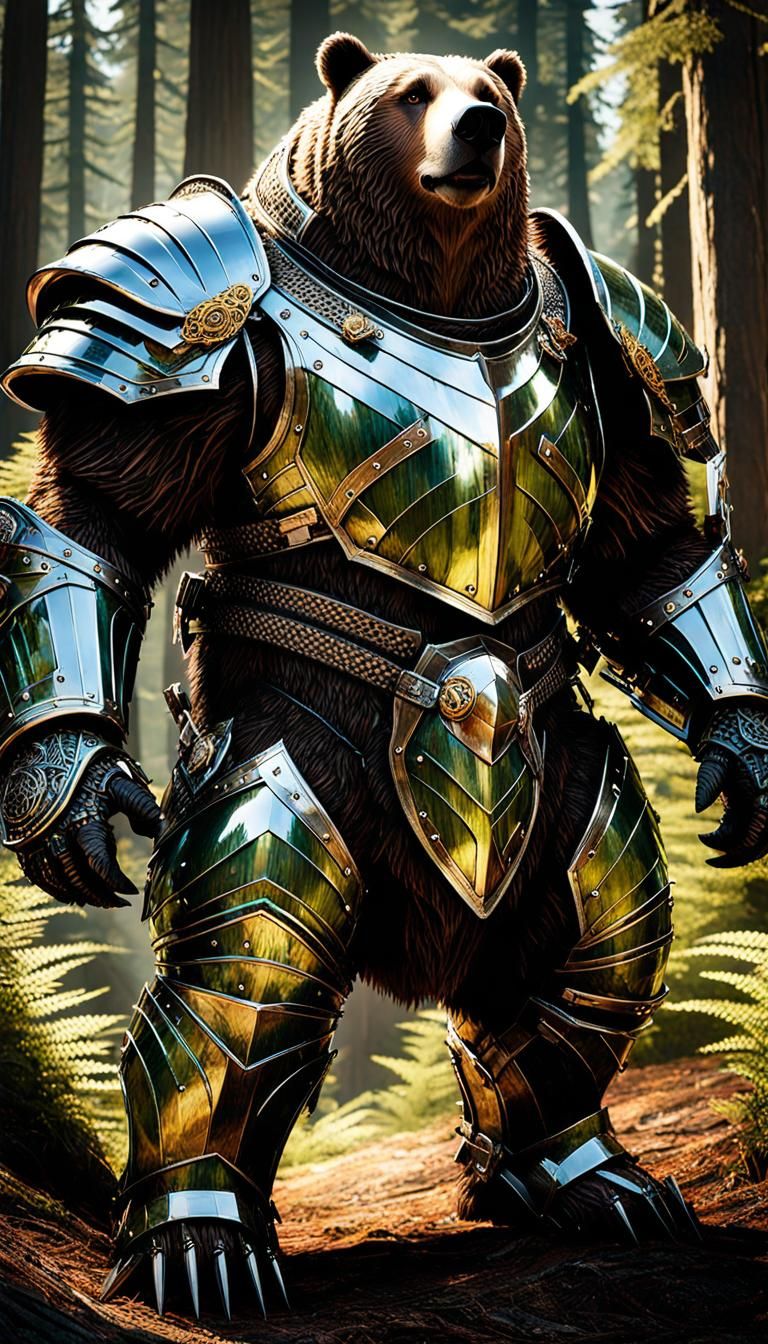 Obese Combat Bear Knight: Olive-Chrome armor reminiscent of wild ...