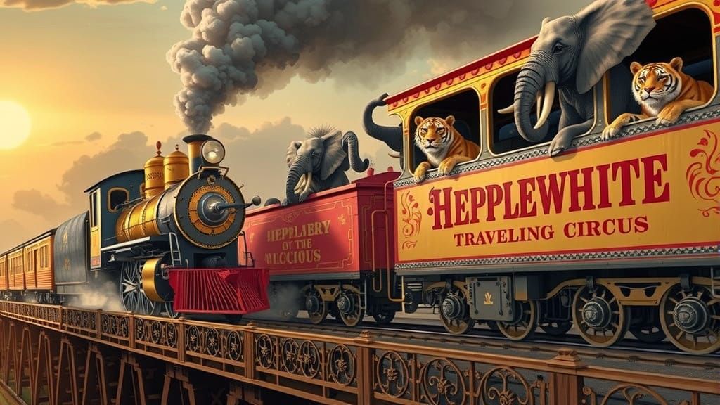 Vibrant Circus Train Arrives at Sunrise with Majes... - AI Art