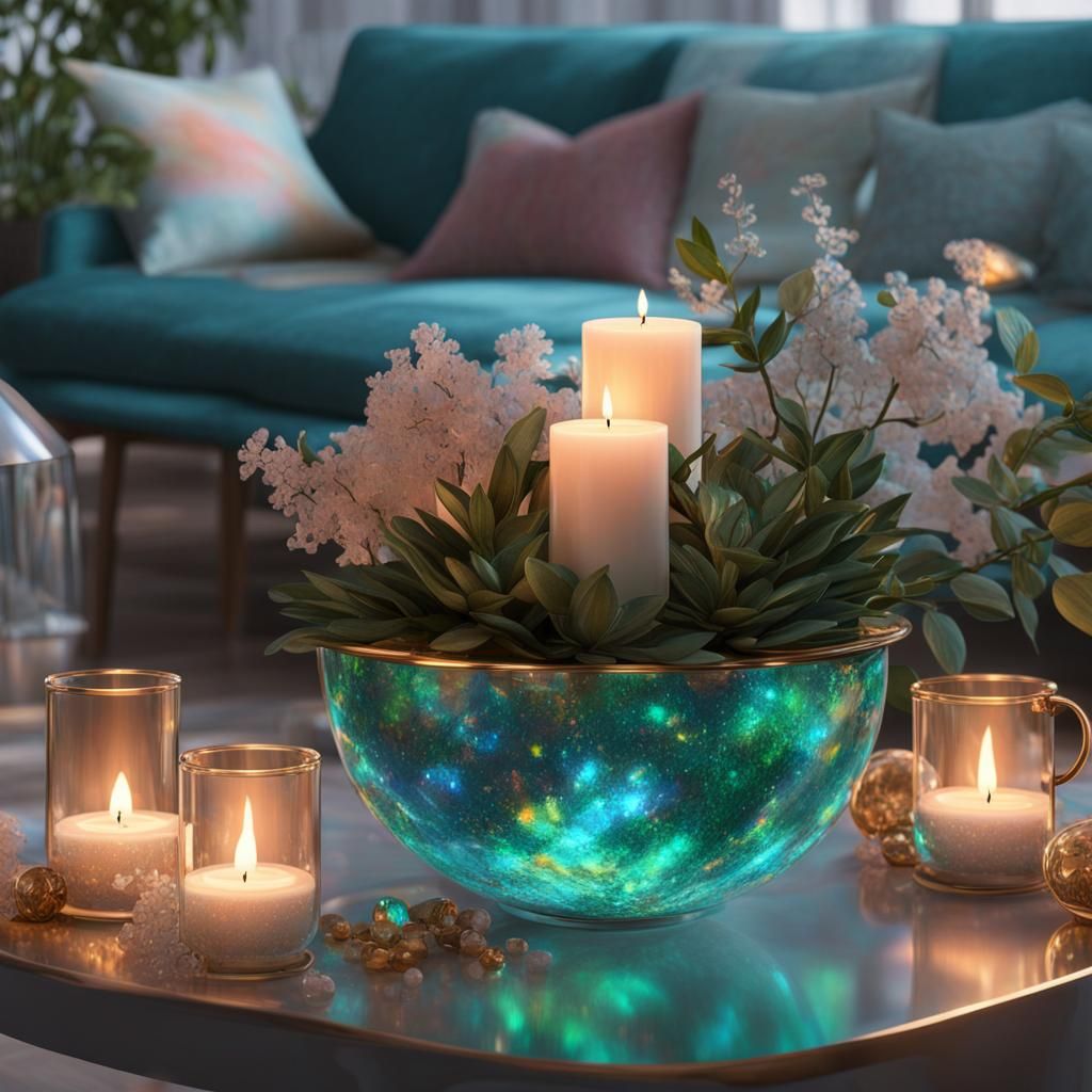 Opal living room with lots of crystals and candles and lots of ...