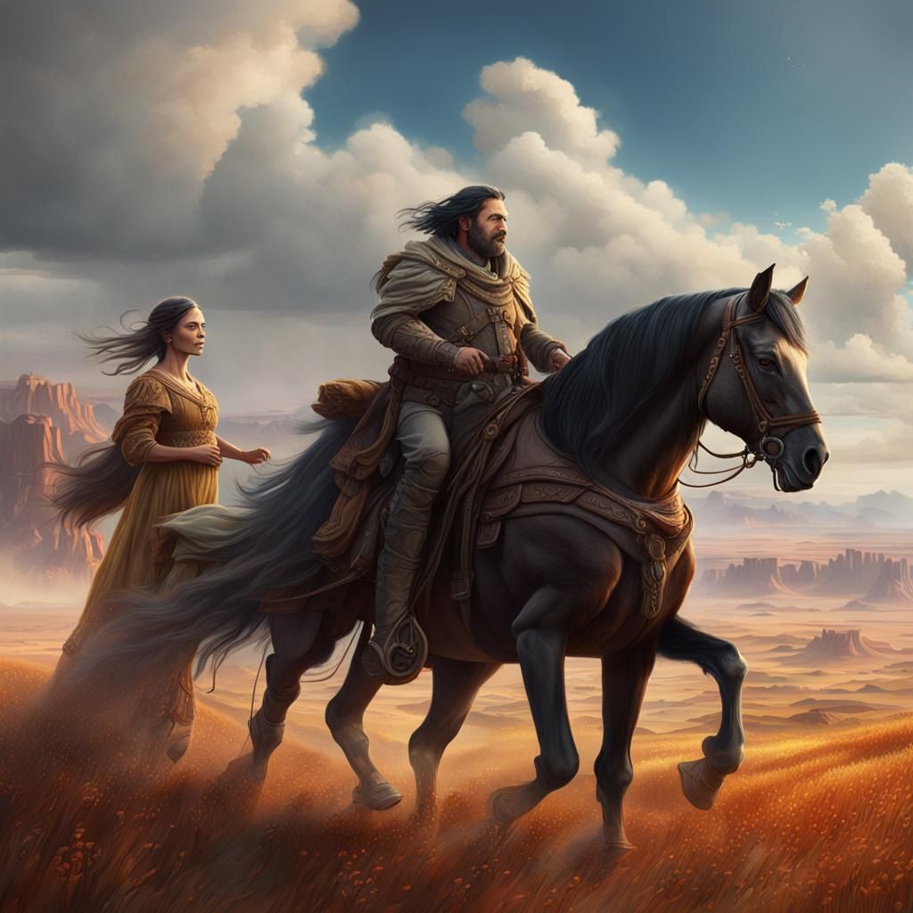 man and pregnant wife riding horse at vast plains - AI Generated ...