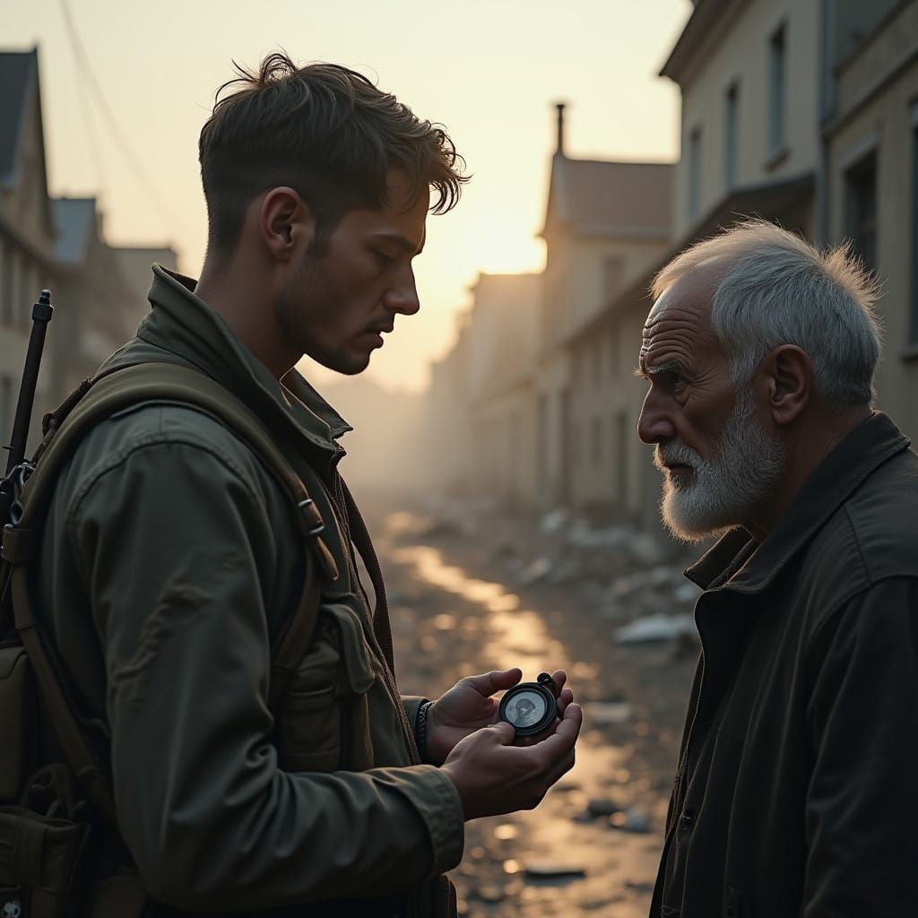 Weary Soldier in War-Torn Village, a Poignant Trib... - AI Art