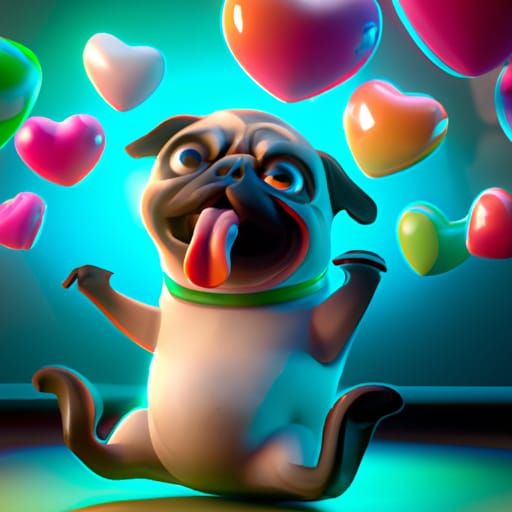 ""Cute Adorable Pug Break Dancing in a Rainbow colored hearts floating ...