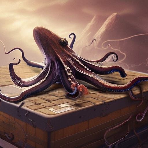 Realistic octopus crawling into a box on the ocean floor - AI Generated ...