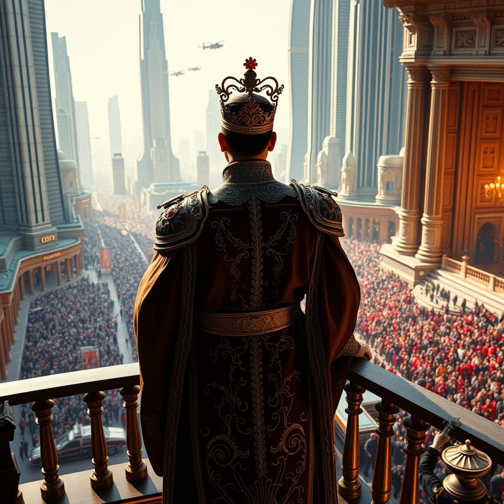 Grand Emperor Surveys Futuristic Metropolis from M... - AI Art