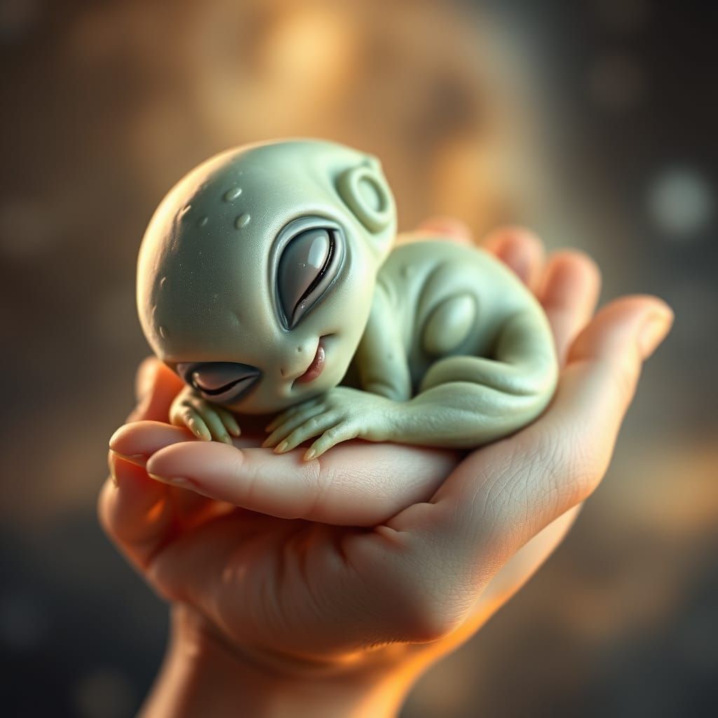 A cute and realistic alien lying on the palm of a human's hand, fast ...