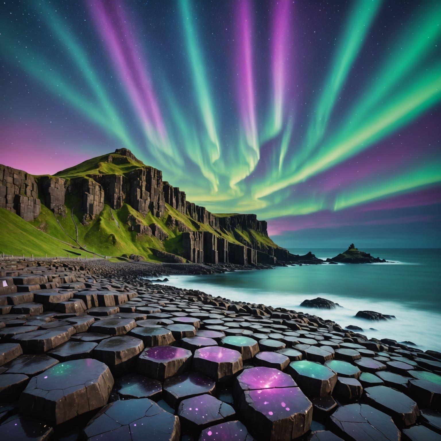 Breathtaking Giants Causeway Scene under Vibrant A... - AI Art