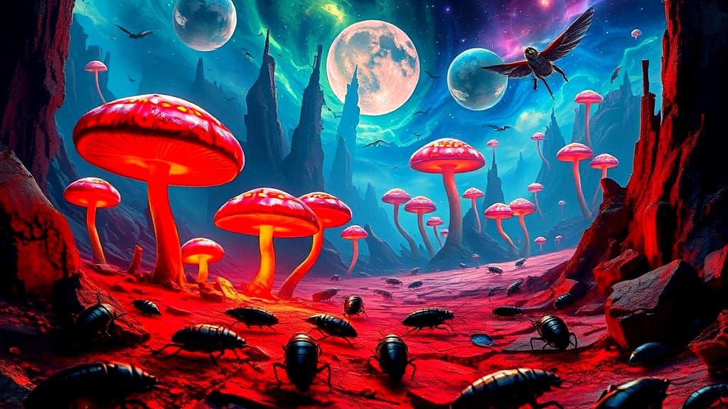 Mushrooms and Cockroaches Reign - Vibrant Apocalypse in Neon...