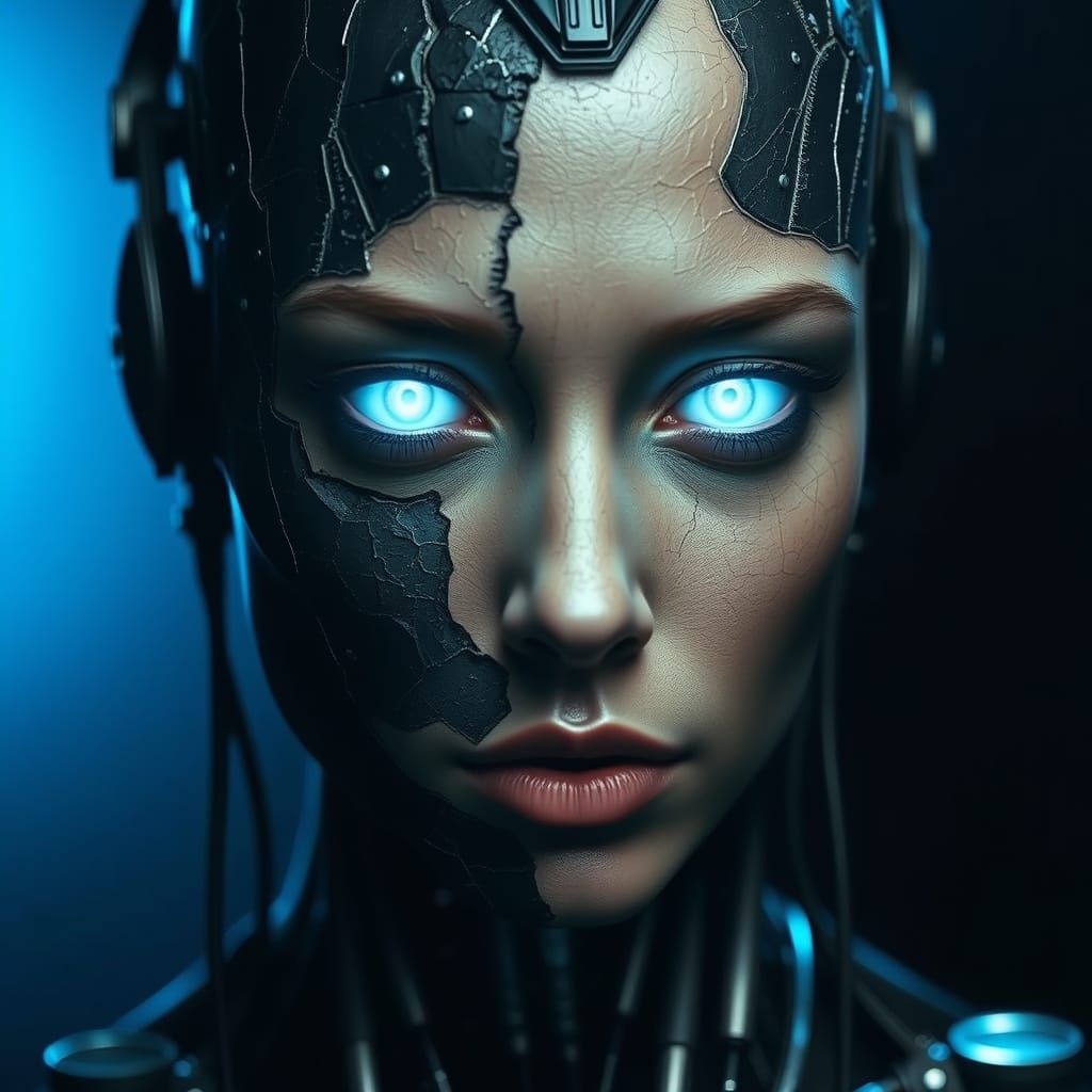 Cybernetic Woman with Metallic Face in Dark Cinema... - AI Art