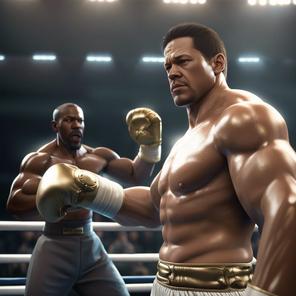 MARK WAHLBERG boxing champ knocking out ,holding up his belt ...