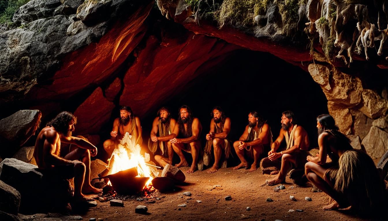 Men and women from Neanderthal era gathering around a fire at the entrance of a rock shelter #3 ...