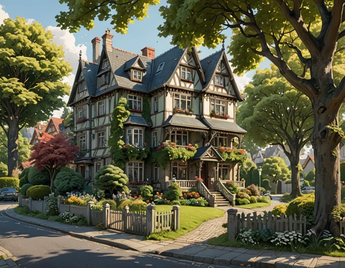 A fantastically detailed house in a quiet street, with lovely trees and ...