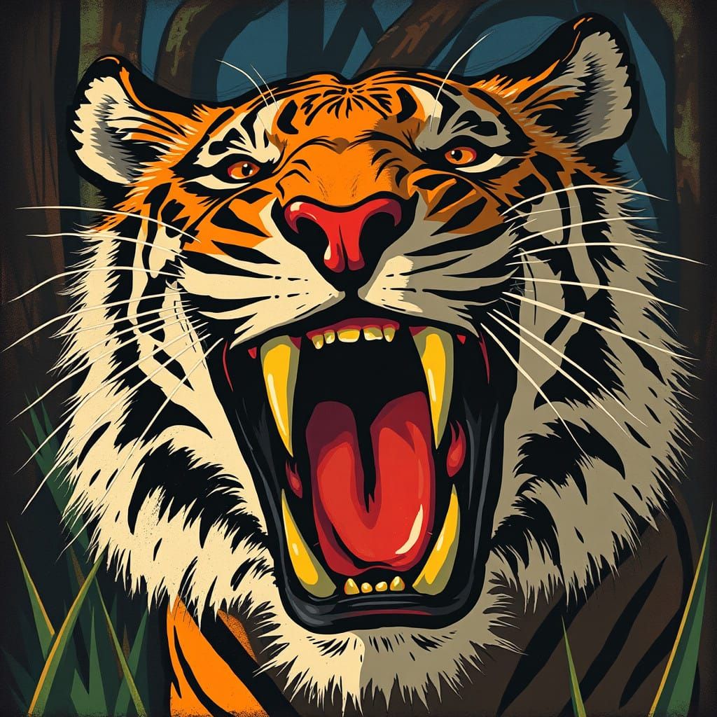 A close-up view of a saber-toothed tiger roaring in the wild, its fangs ...