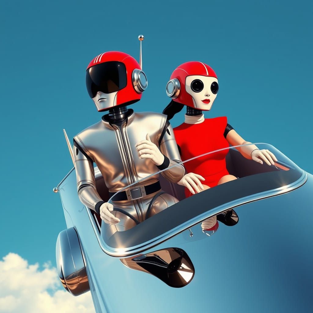 Retro-Futuristic Robot Couple Soars in Chrome Flyi... - AI Art