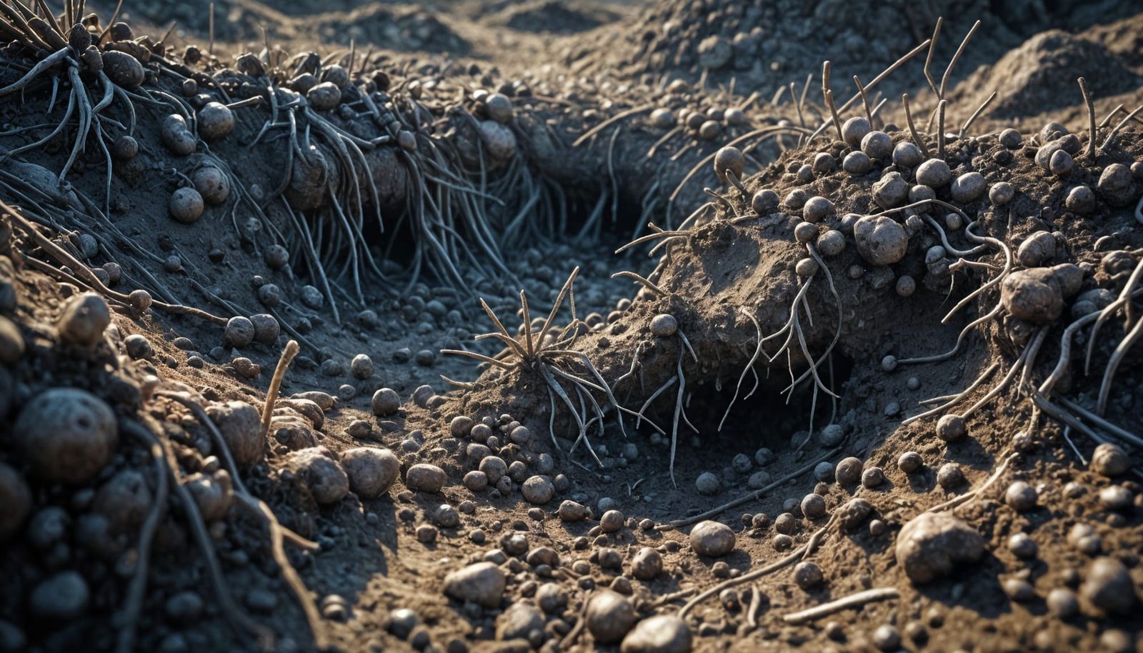 Empty Anthill Tubes Amidst Decomposed Landscape in... - AI Art