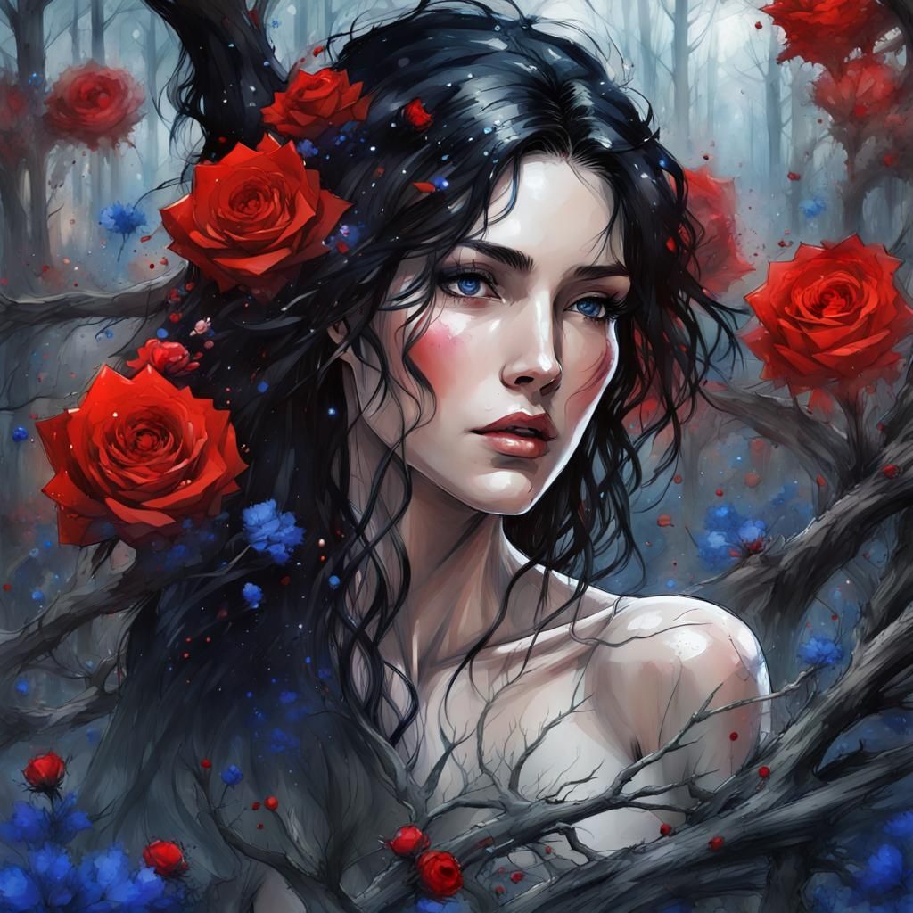 portrait of a beautiful goddess with flowing black hair in an enchanted ...