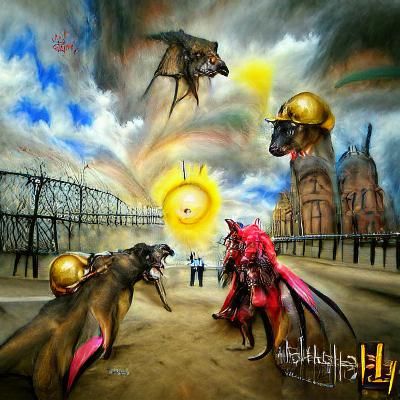 Hellhounds vs angels surrealism sunshine rays steampunk hyperrealism ...