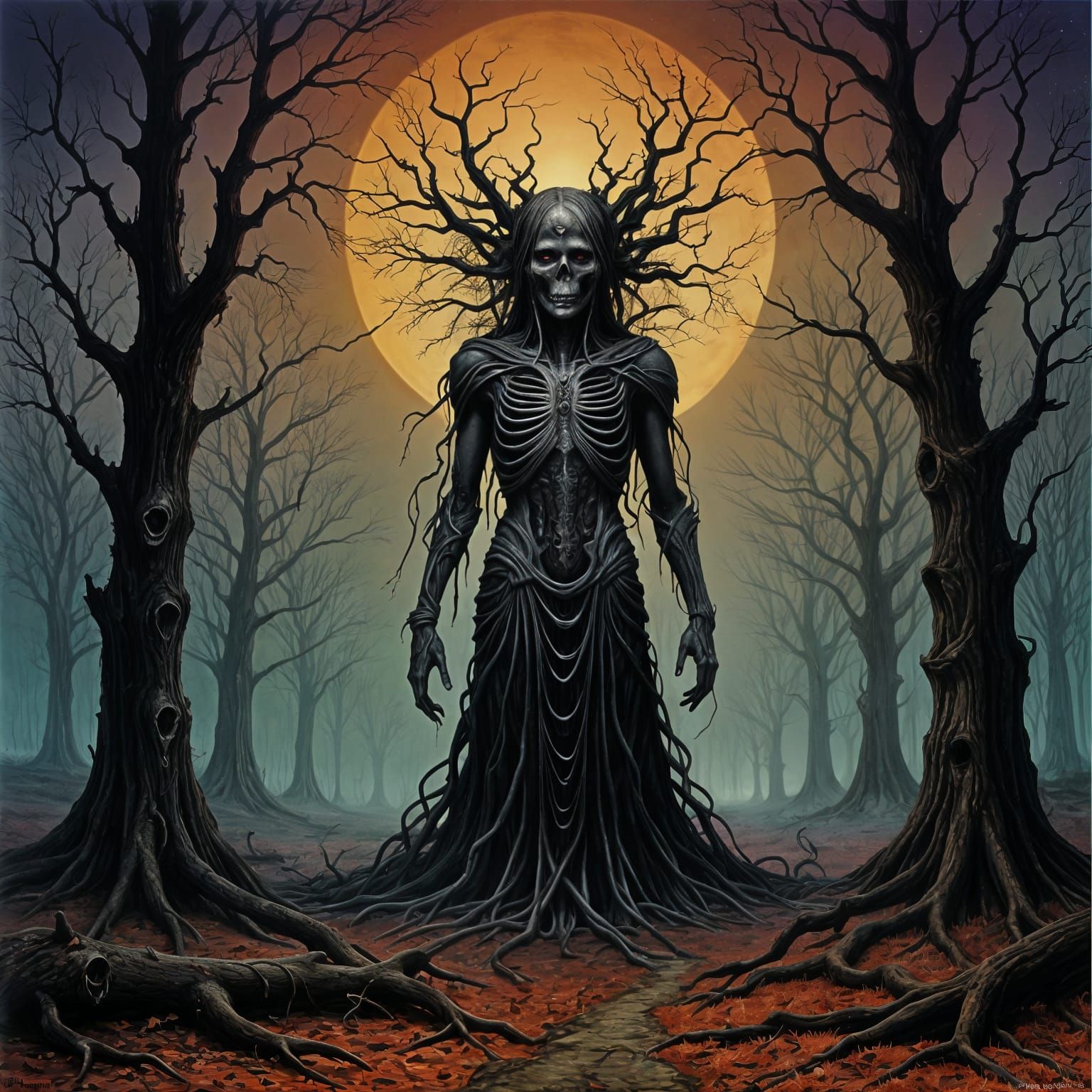 the dark wood - Eerie Twilight Forest with Sinister Tree and...