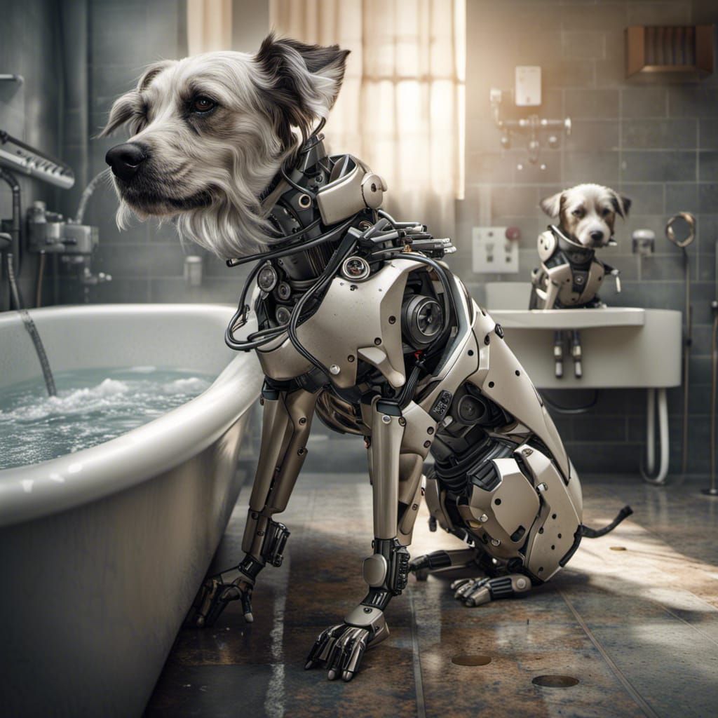 realistic robot bathing dogs - AI Generated Artwork - NightCafe Creator