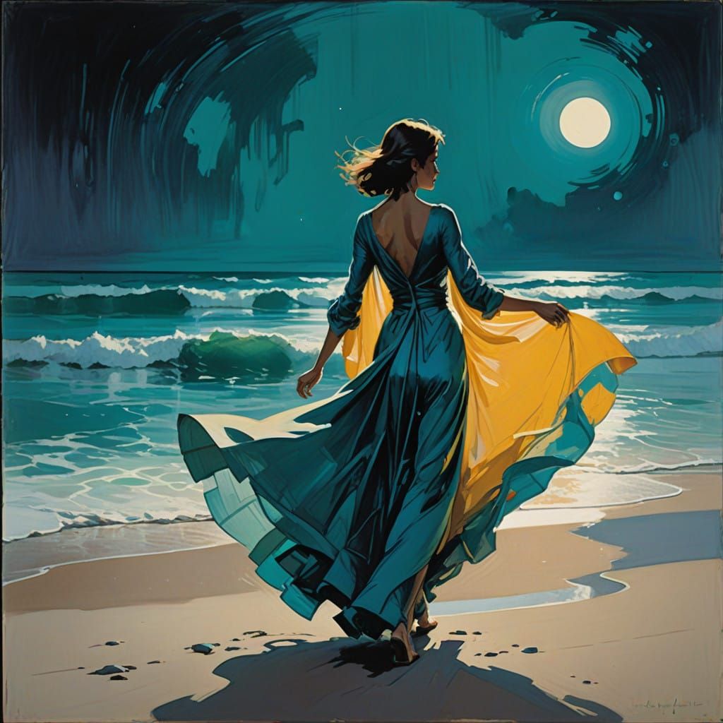 Radiant Dancer Illuminates Starry Beach at Twiligh... - AI Art