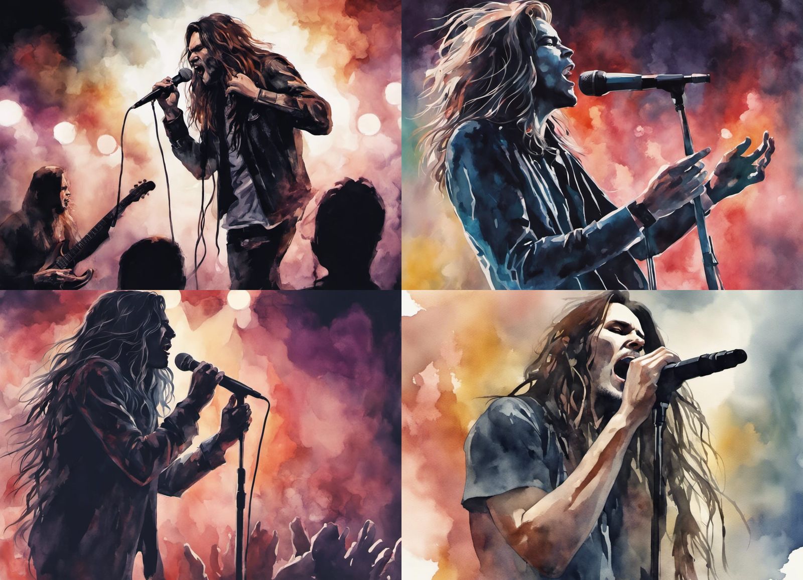 Frontman of a rock band with long hair singing passionately into a ...