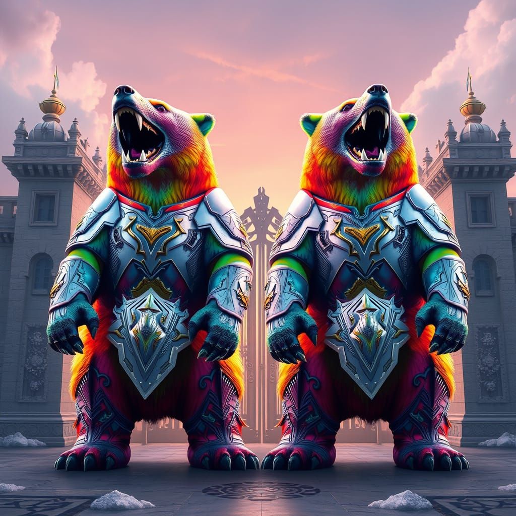 Two gaint saber toothed polar bears standing on hind legs wearing ...