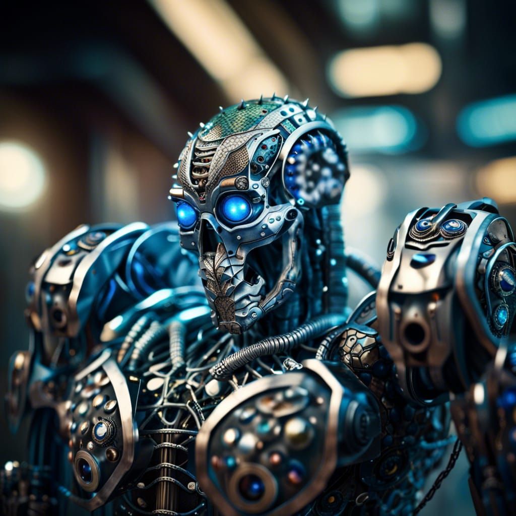 Terminator like robot made of metal with snake scale skin. there are ...