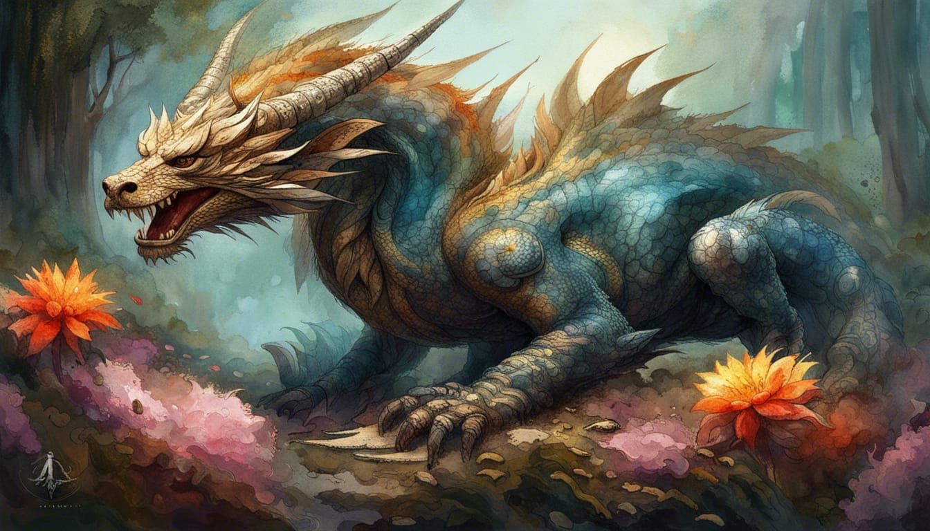 A beautiful detailed dragon sleeping in a bed of flowers in a beautiful ...