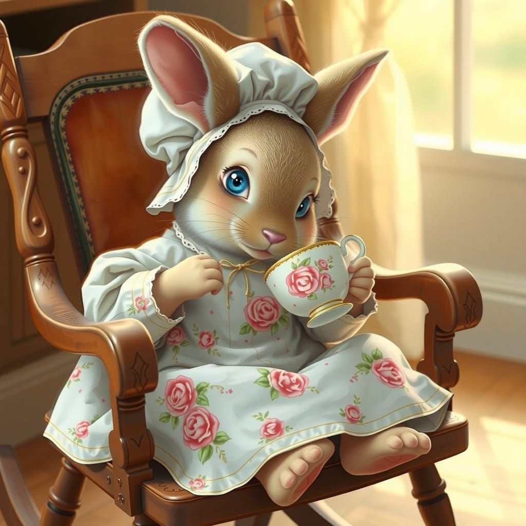 The sweetest, pink bunny, with blue eyes, sits in a rocking chair ...