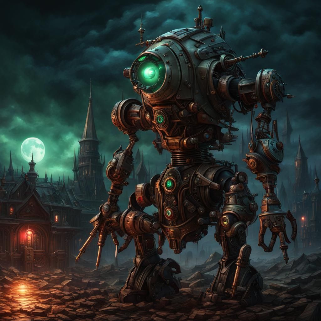 Bloodborne style steampunk robot with shining green-eye, at night under ...