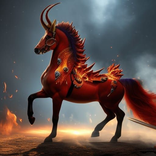 fantasy demon horse with horns and scales, made of fire, full body ...